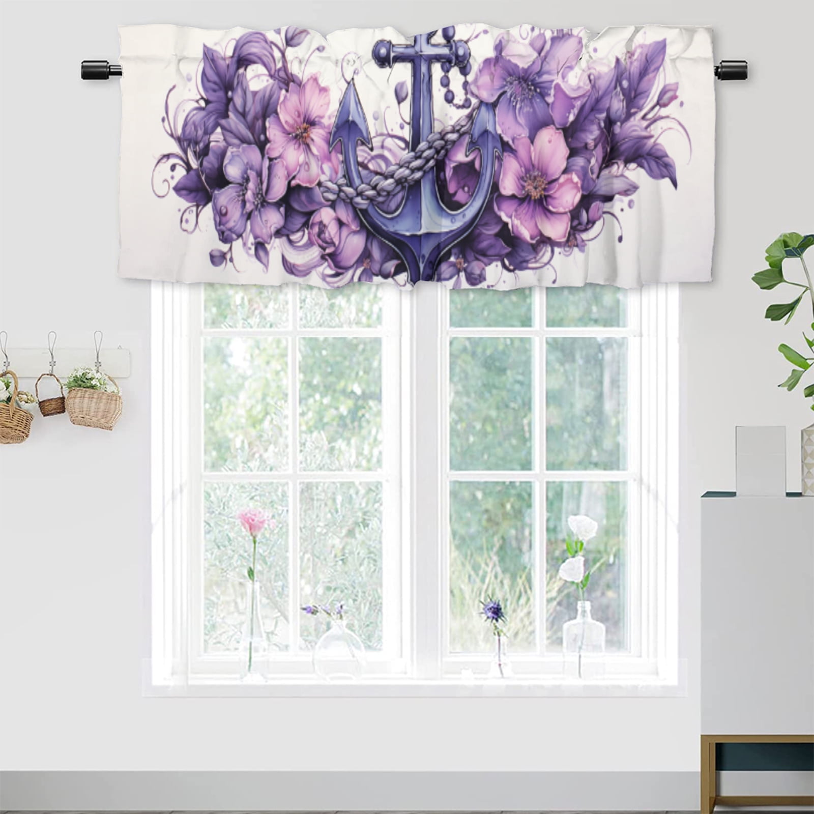 Anchor Curtain Valances for Kitchen Windows Purple Floral Flower Rustic ...