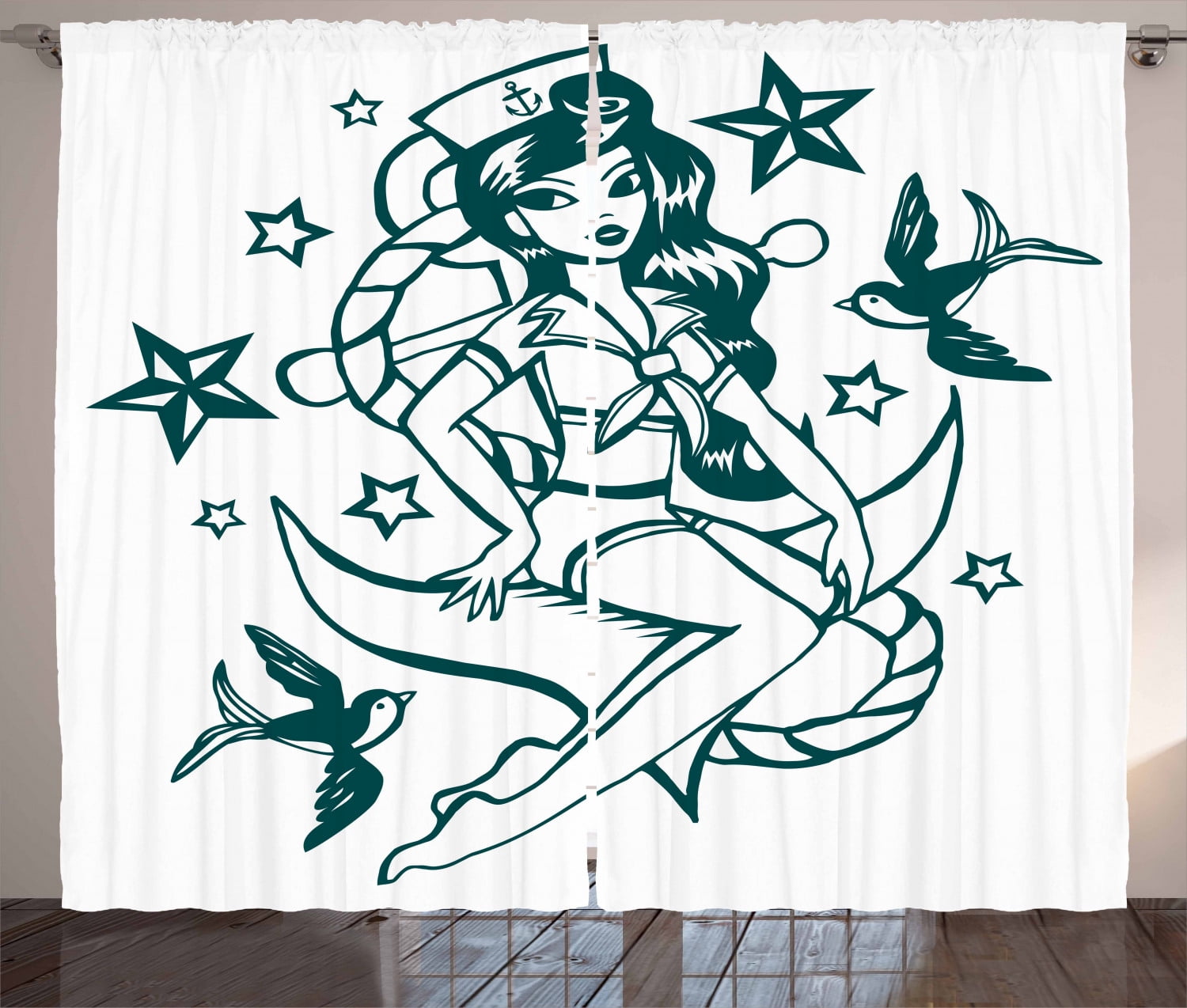 Ambesonne Anchor Curtains 2 Panel Set, Pin-up Girl Sailor Suit, 108" x ...