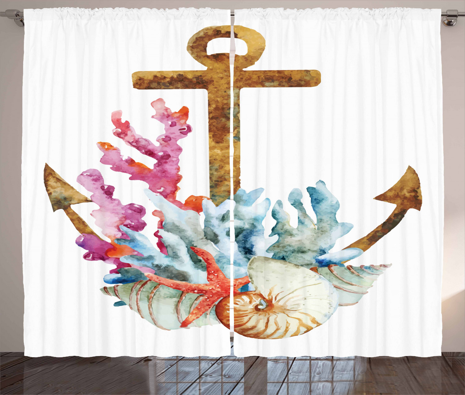 Ambesonne Anchor Curtains 2 Panel Set, Watercolor Starfish, 108" x 108 ...