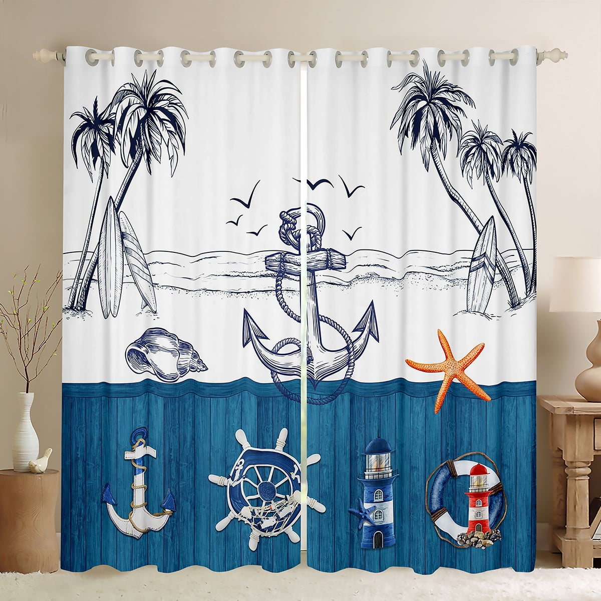 Anchor Curtains,Tropical Palm Ocean Blackout Curtains 38Wx54L,Nautical ...