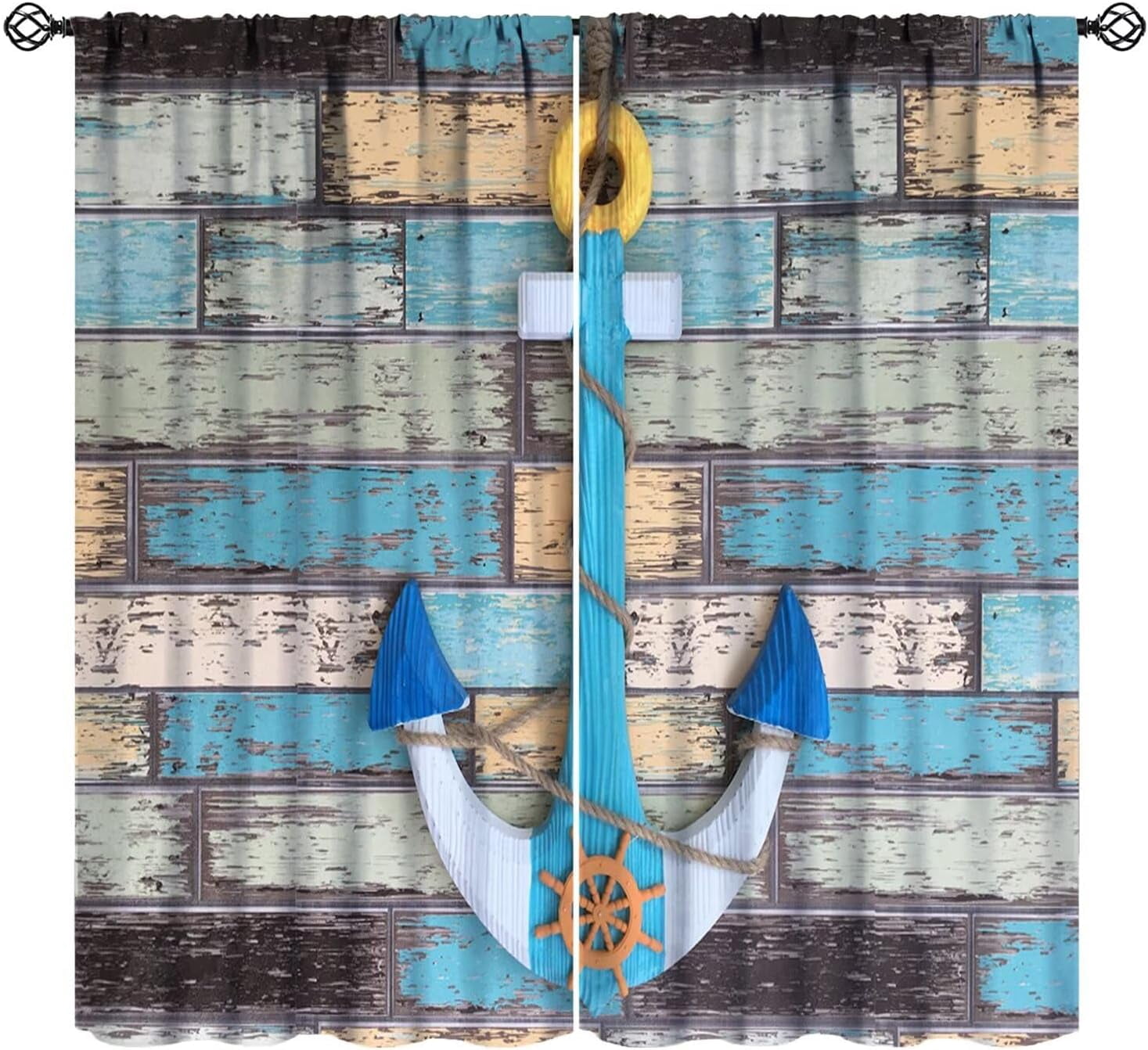 Anchor Curtains Vintage Nautical Coastal Rustic Planks Weathered Old ...