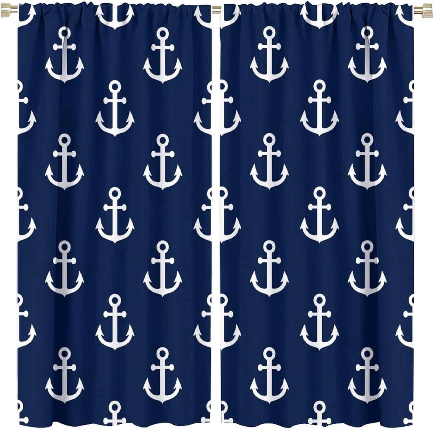 Anchor Curtains Vintage Rustic Ocean Nautical Style Navy Blue White ...