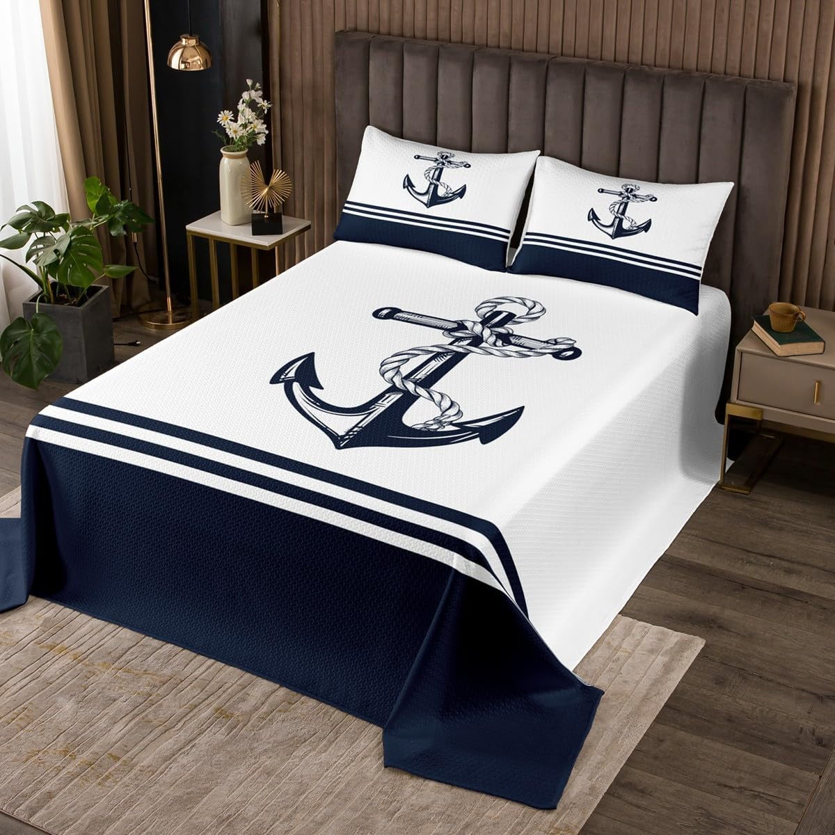Anchor Decor Bedspread Twin Size Kids Nautical Themed Quilted Coverlet ...