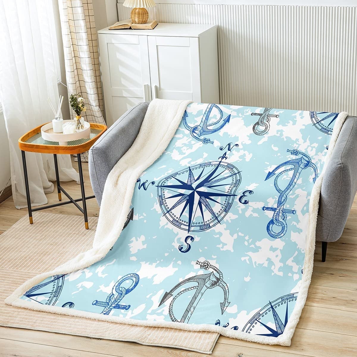 Anchor Decor Sherpa Blanket Nautical Compass Blanket for Couch Travel ...