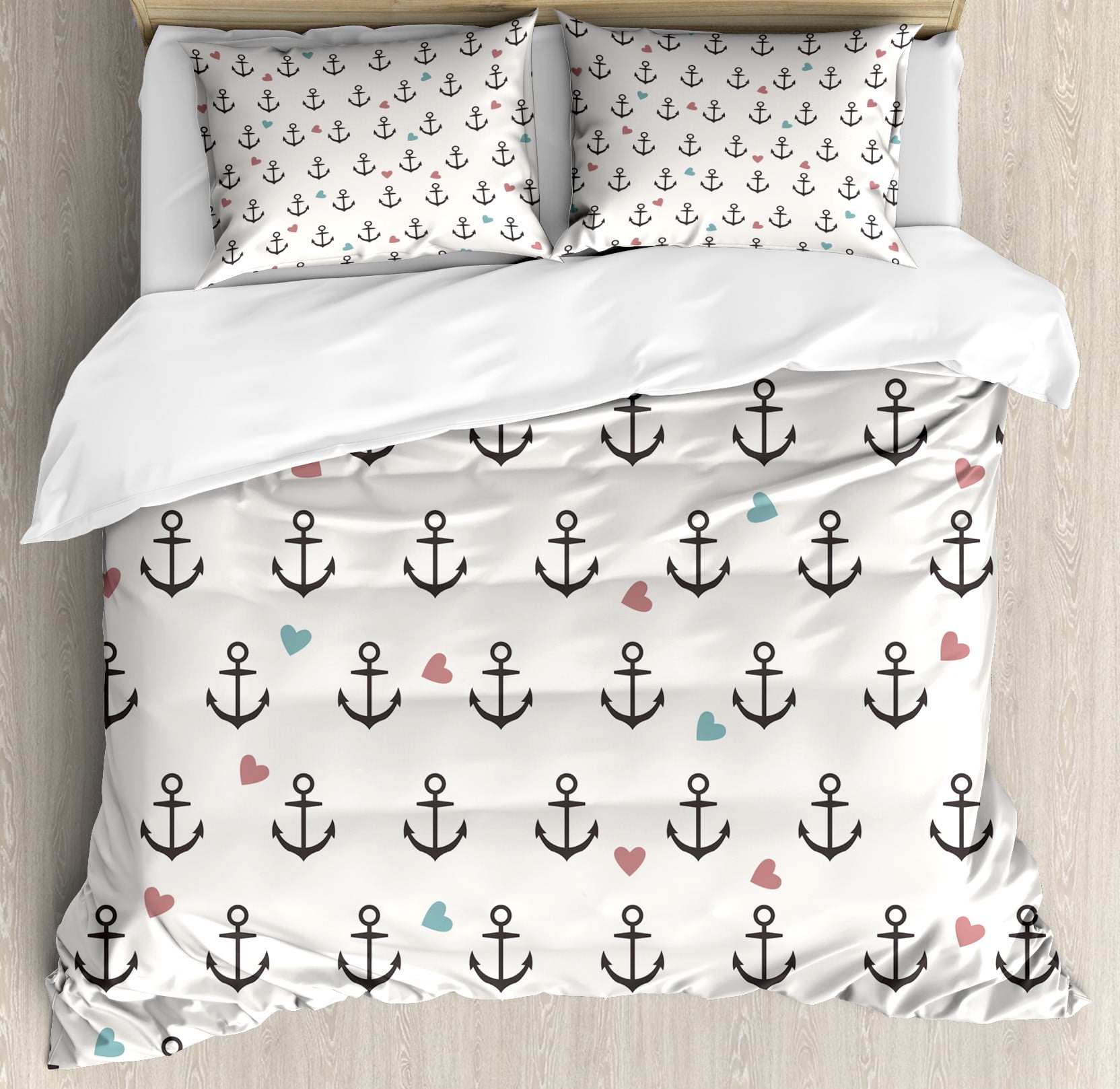 Anchor Duvet Cover Set, Anchors and Colored Hearts Sailor Holiday Escape Seaside Explore Life ...