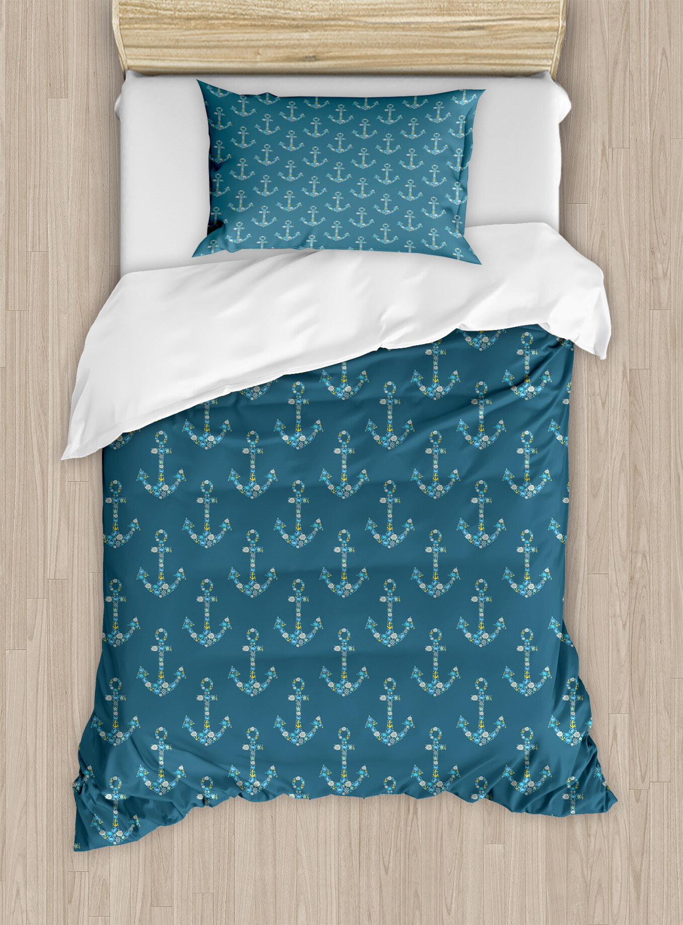 Anchor Duvet Cover Set, Anchors with Maritime Fishes Underwater Sea ...