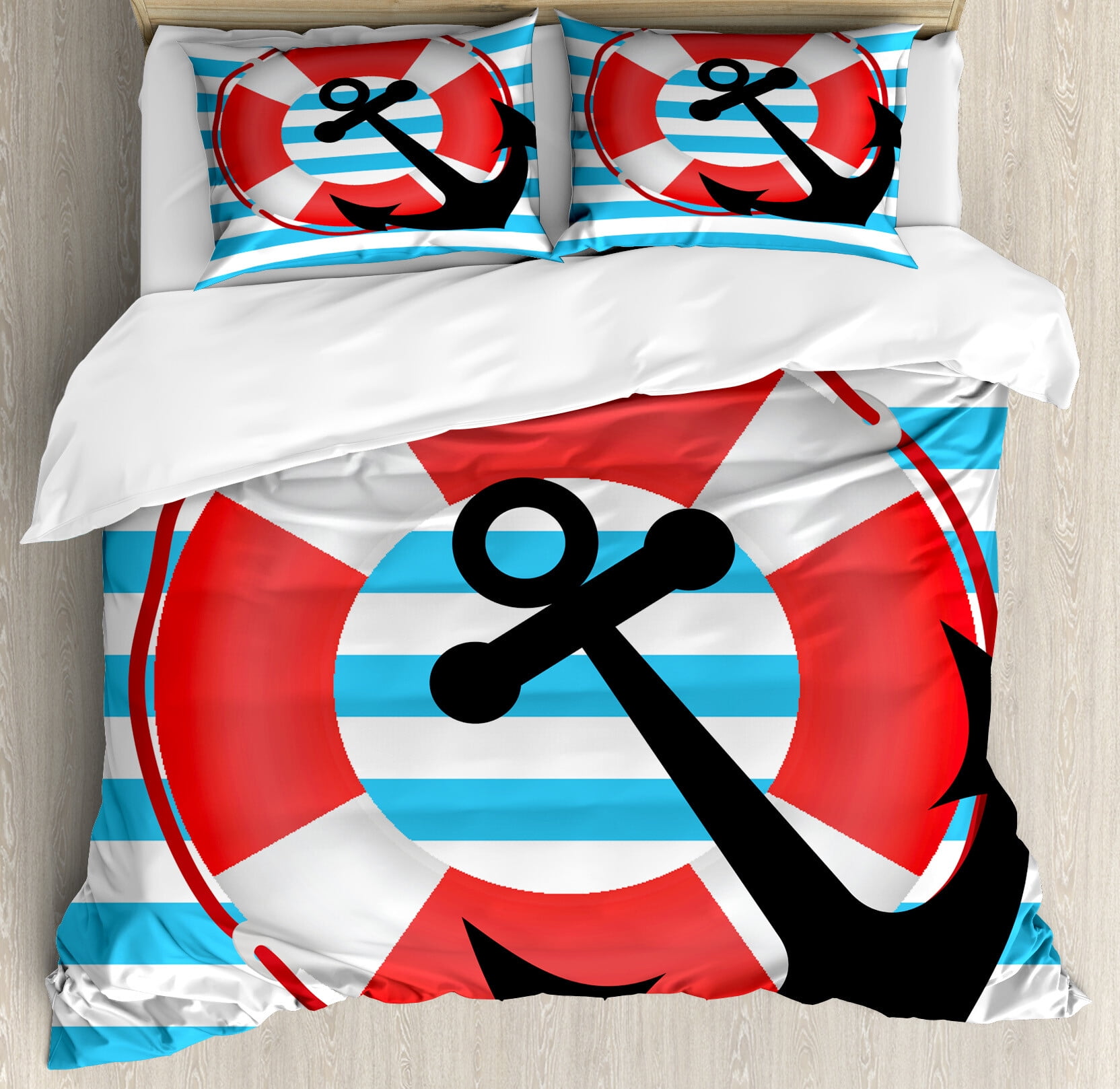 Anchor Duvet Cover Set, Blue Striped Backdrop with Life and Anchor ...