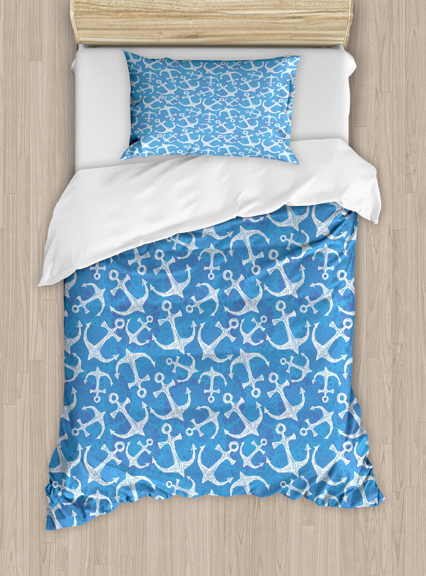 Anchor Duvet Cover Set, Hand Drawn Sea Anchor on Abstract Blue Ocean ...