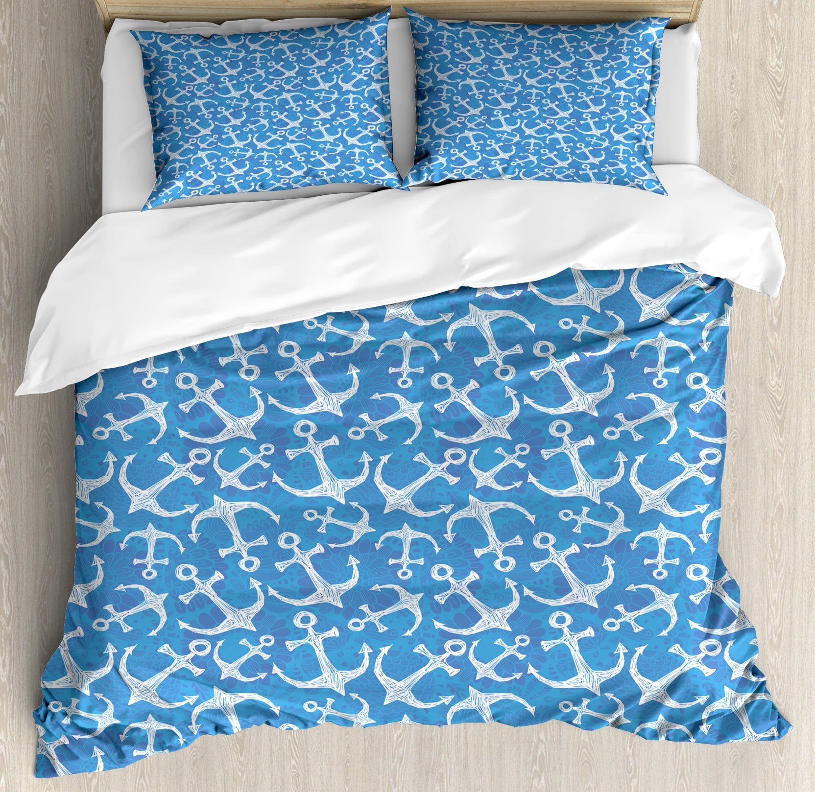Anchor Duvet Cover Set, Hand Drawn Sea Anchor on Abstract Blue Ocean ...