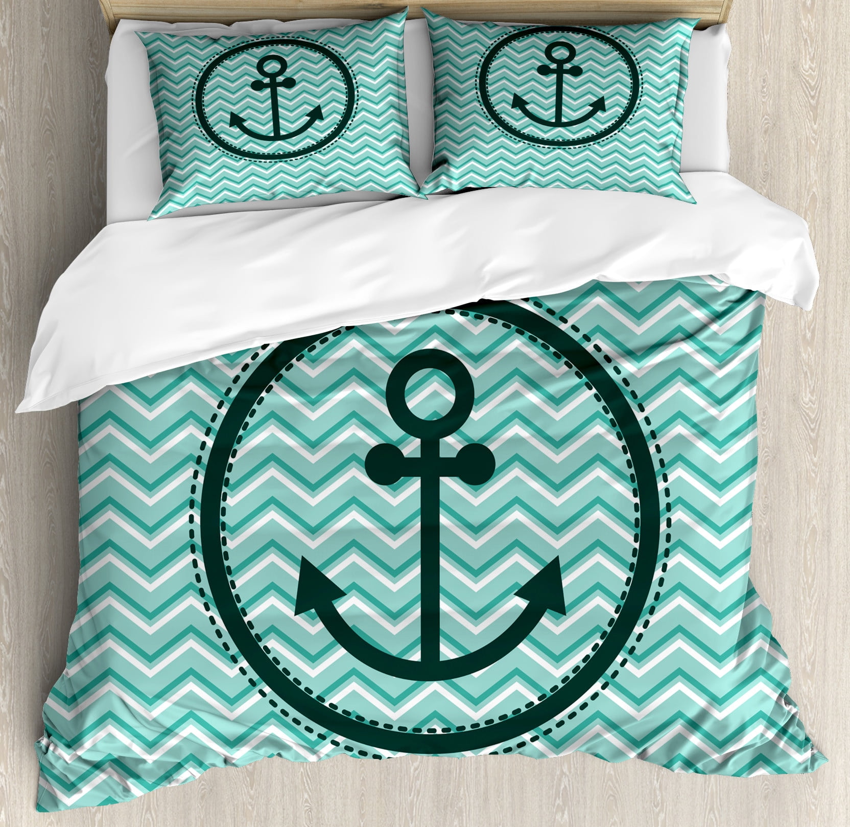 Anchor Duvet Cover Set, Horizontal Zig Zag Pattern Background Anchor ...