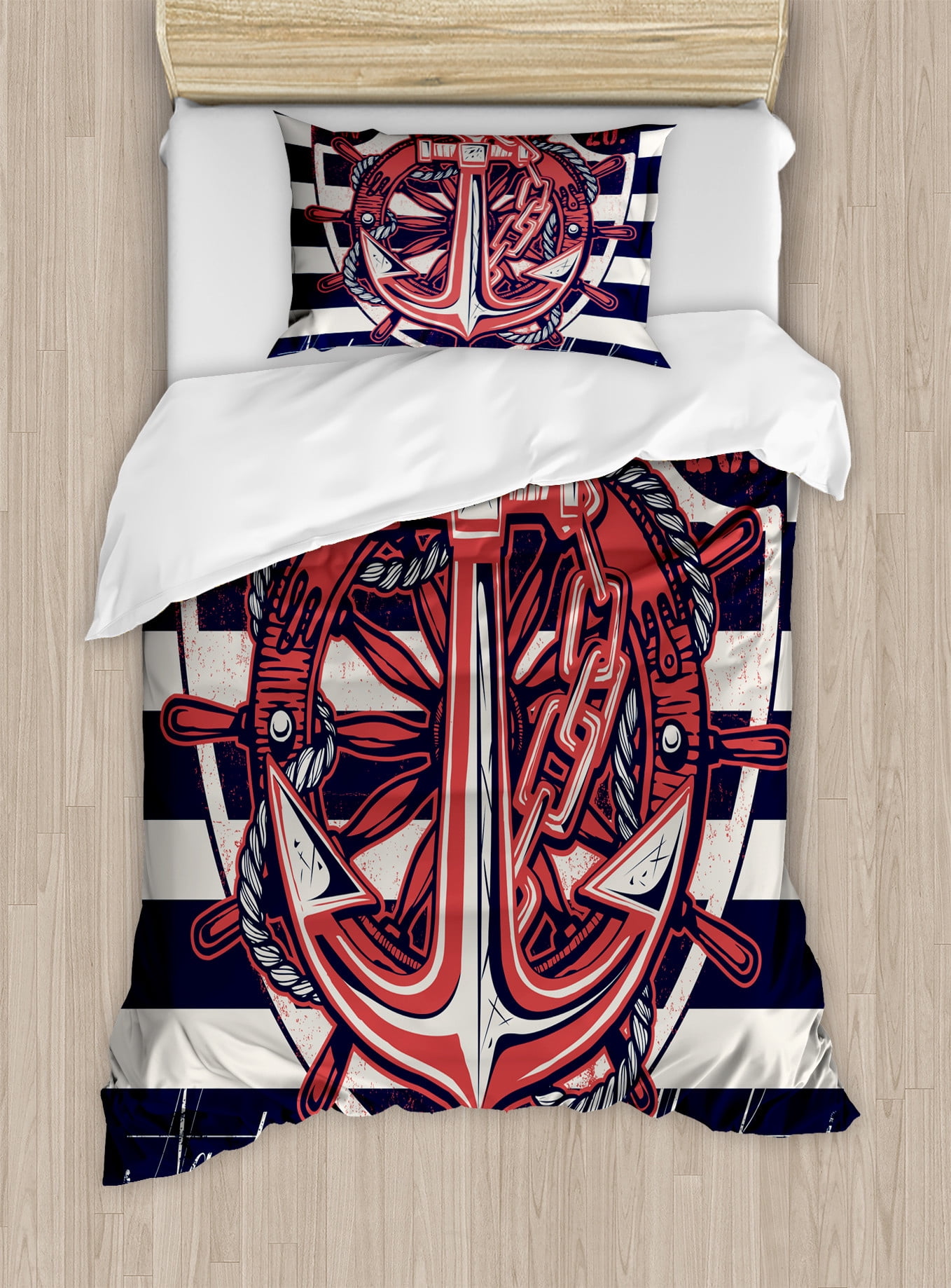 Anchor Duvet Cover Set, Marine Design Rudder Anchor Chain Navy Striped ...