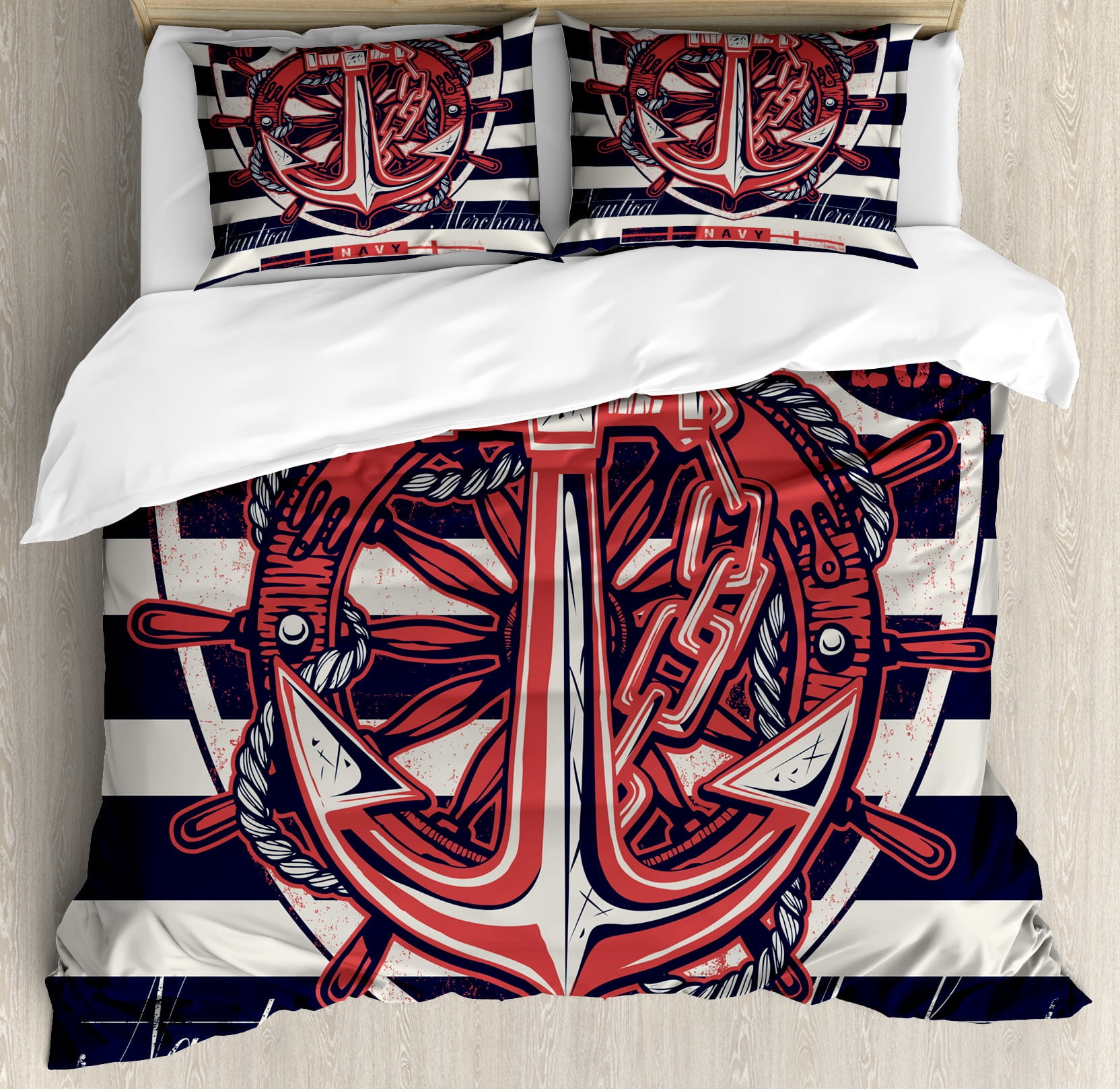 Anchor Duvet Cover Set, Marine Design Rudder Anchor Chain Navy Striped ...