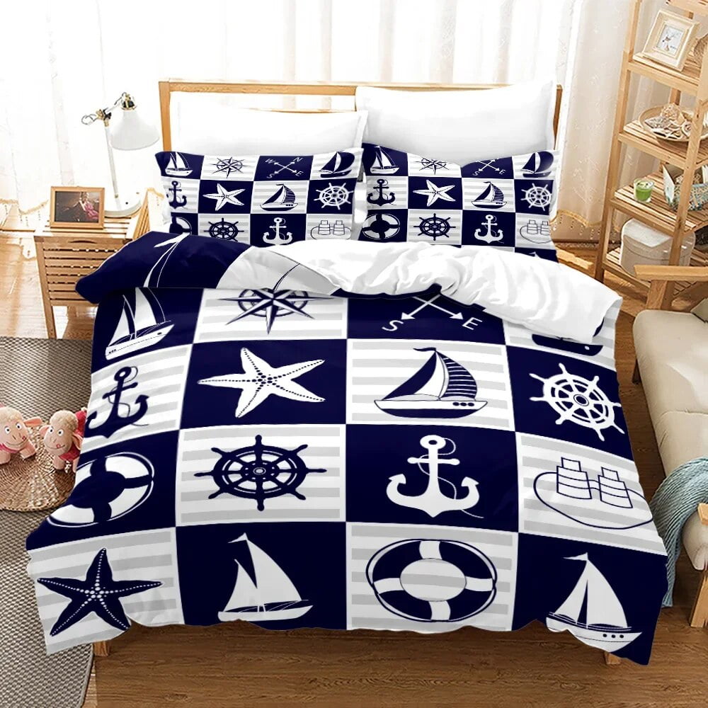Anchor Duvet Cover Set Nautical Pattern Classic Colors and Anchors ...