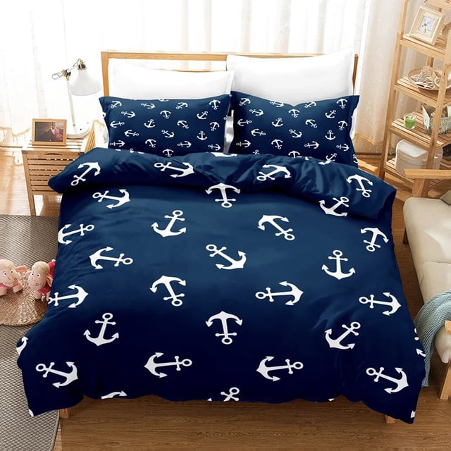 Anchor Duvet Cover Set Nautical Pattern Classic Colors and Anchors ...