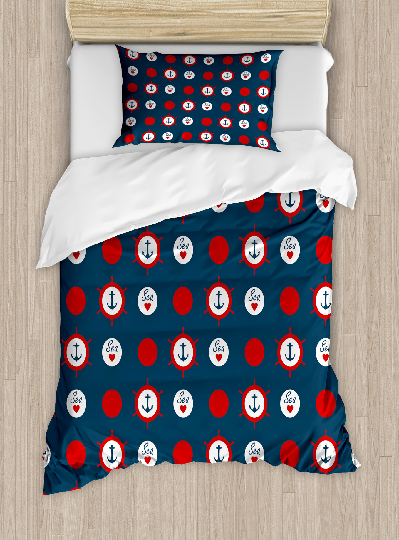 Anchor Duvet Cover Set, Nautical Pattern with Steering Wheels Big Red ...