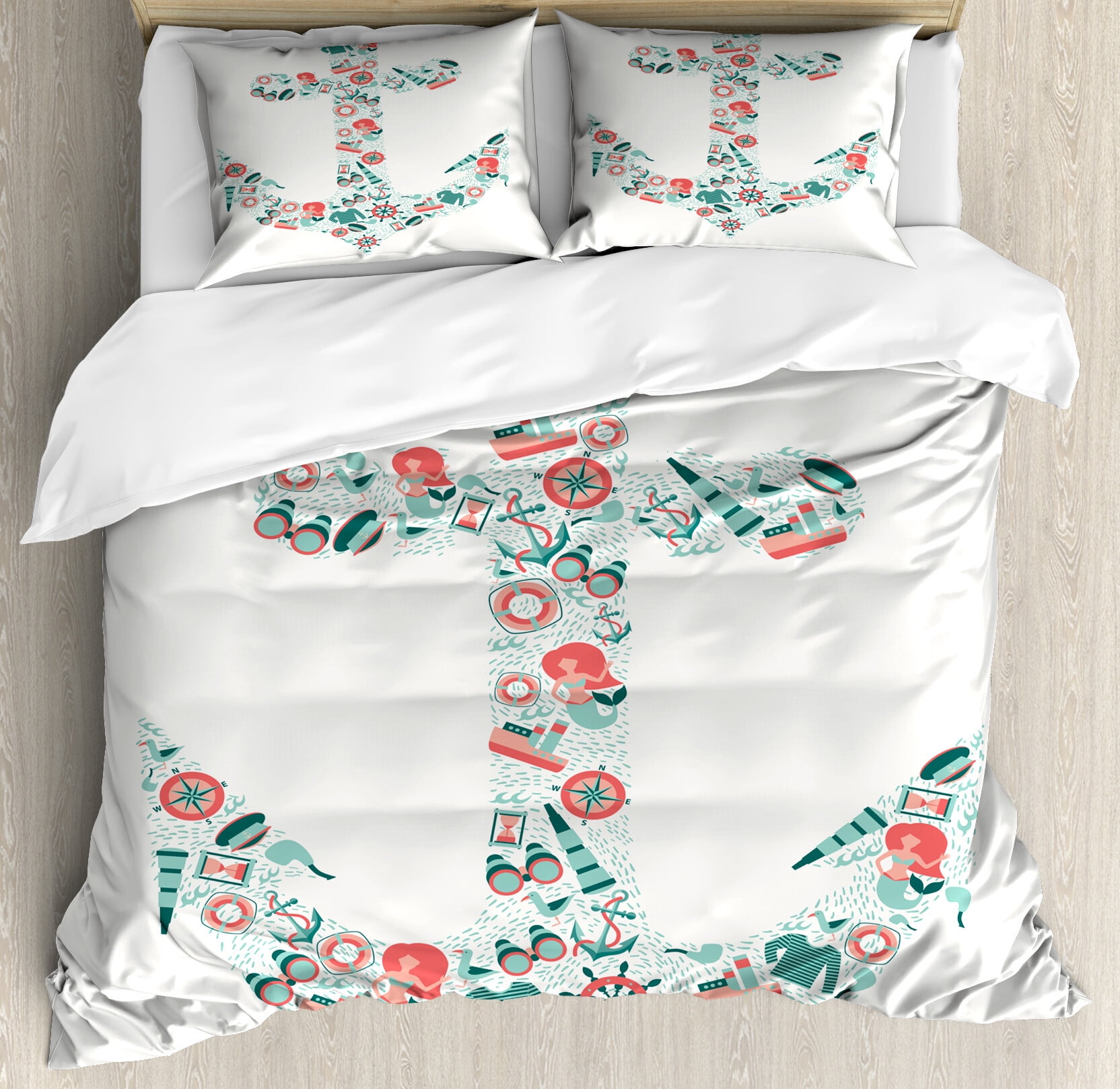 Anchor Duvet Cover Set, Nautical Shape with Binoculars Captain Hat ...