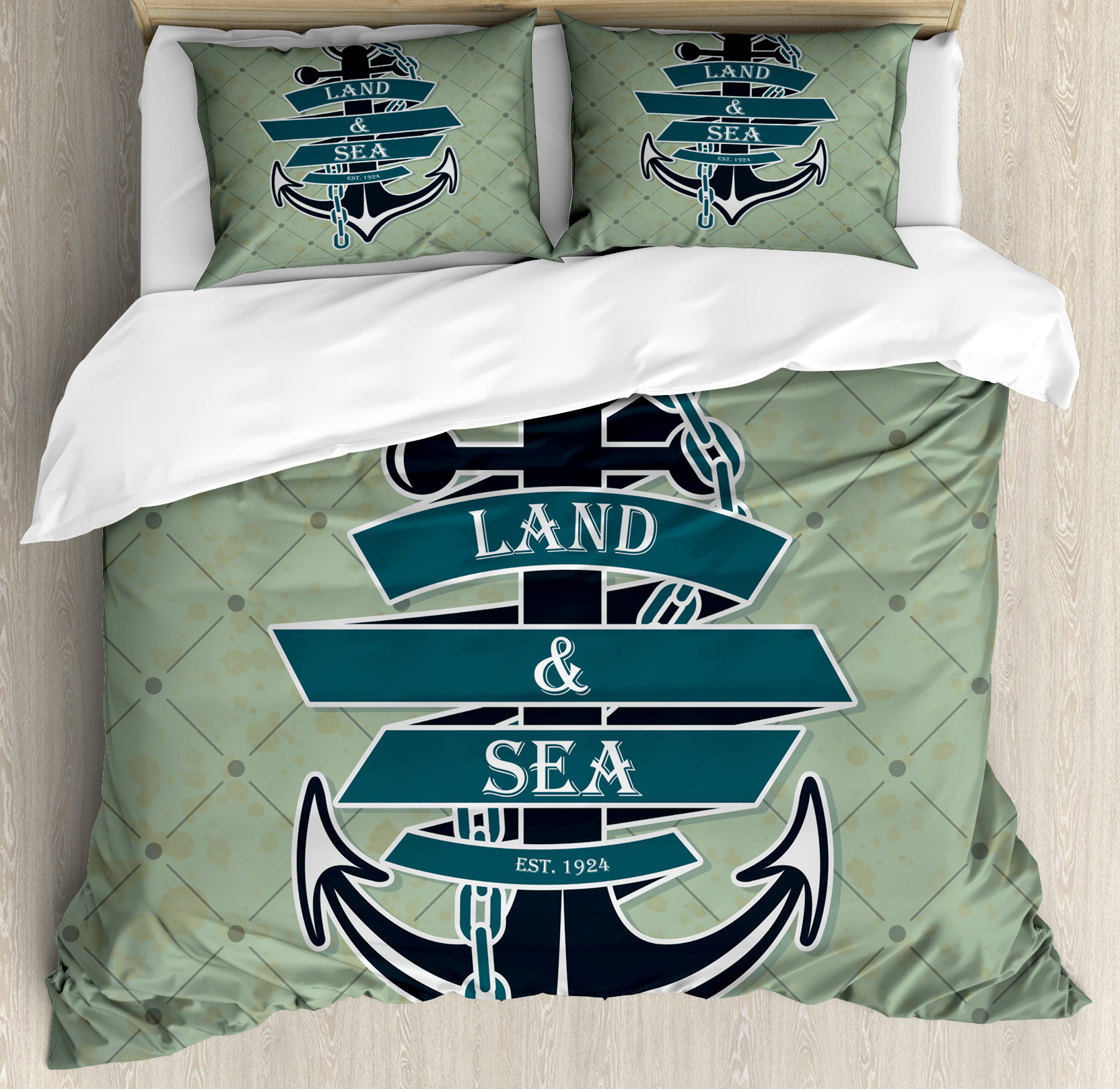 Anchor Duvet Cover Set, Nautical Themed with Land and Sea Text on Rhomb ...