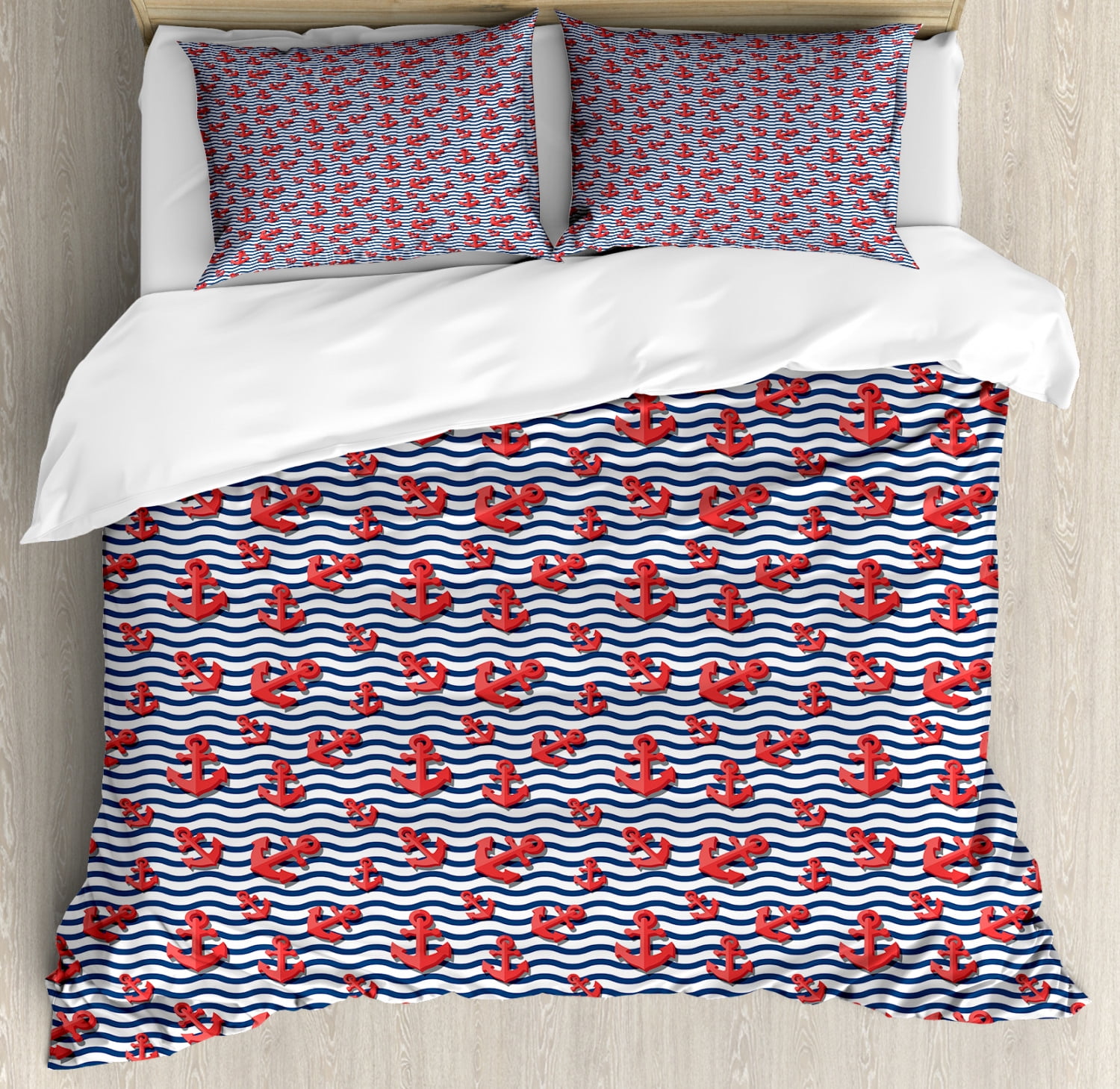 Anchor Duvet Cover Set Queen Size, Wavy Stripes with 3D Style Marine ...