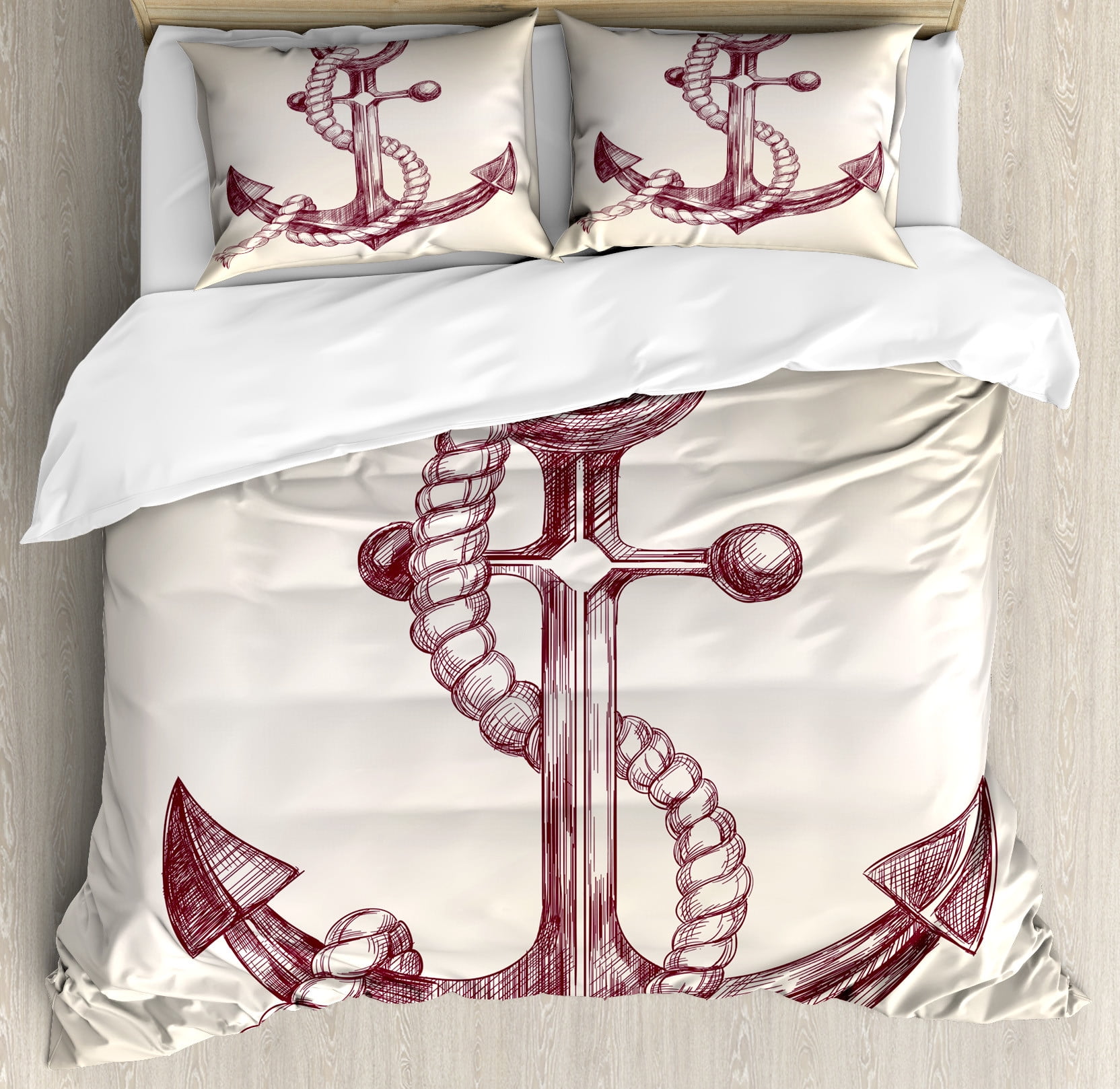 Anchor Duvet Cover Set, Realistic Hand Drawn Sketch Marine Vintage ...