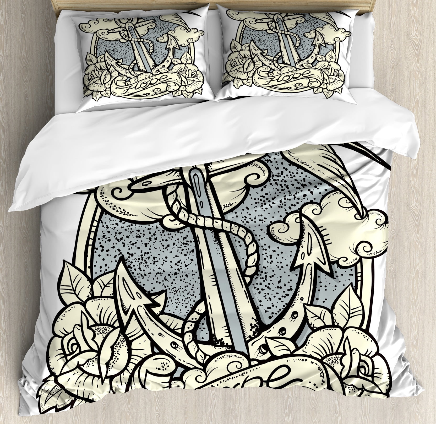 Anchor Duvet Cover Set, Anchor and Roses Antique Monochrome Clouds Bird ...