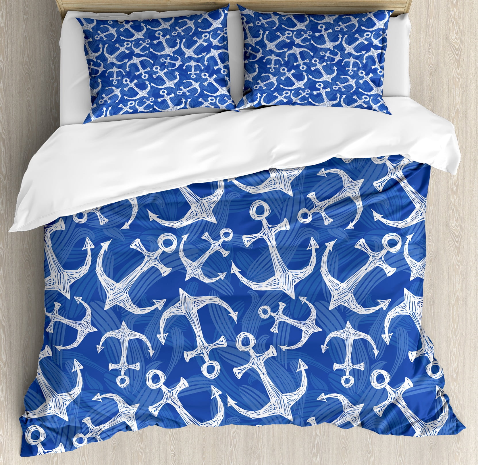 Anchor Duvet Cover Set, Sea Anchor with Weird Modern Lines Marine Life ...