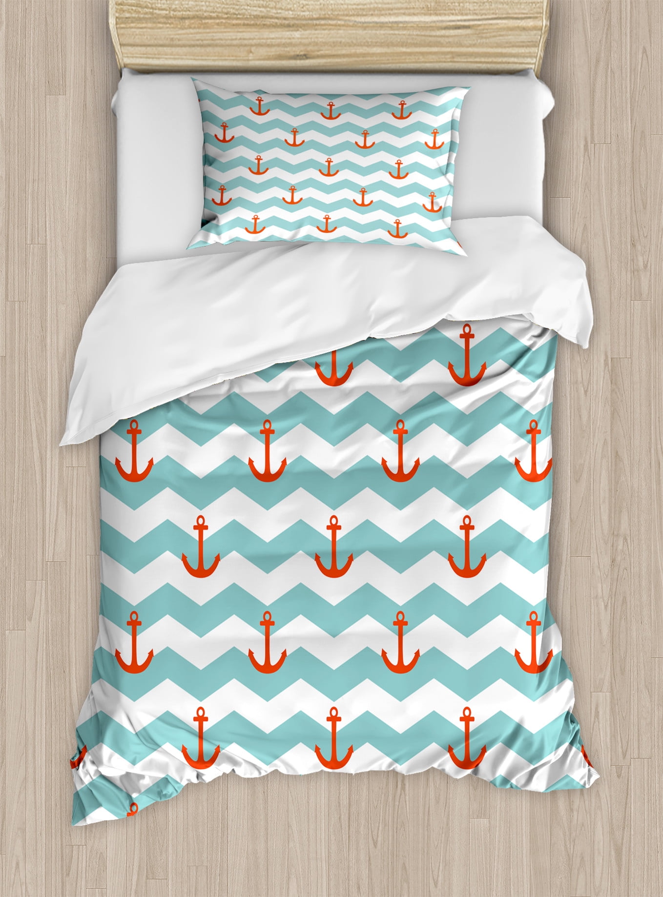 Anchor Duvet Cover Set, Simple Pattern Anchor Stripe Art Welcoming Wavy ...
