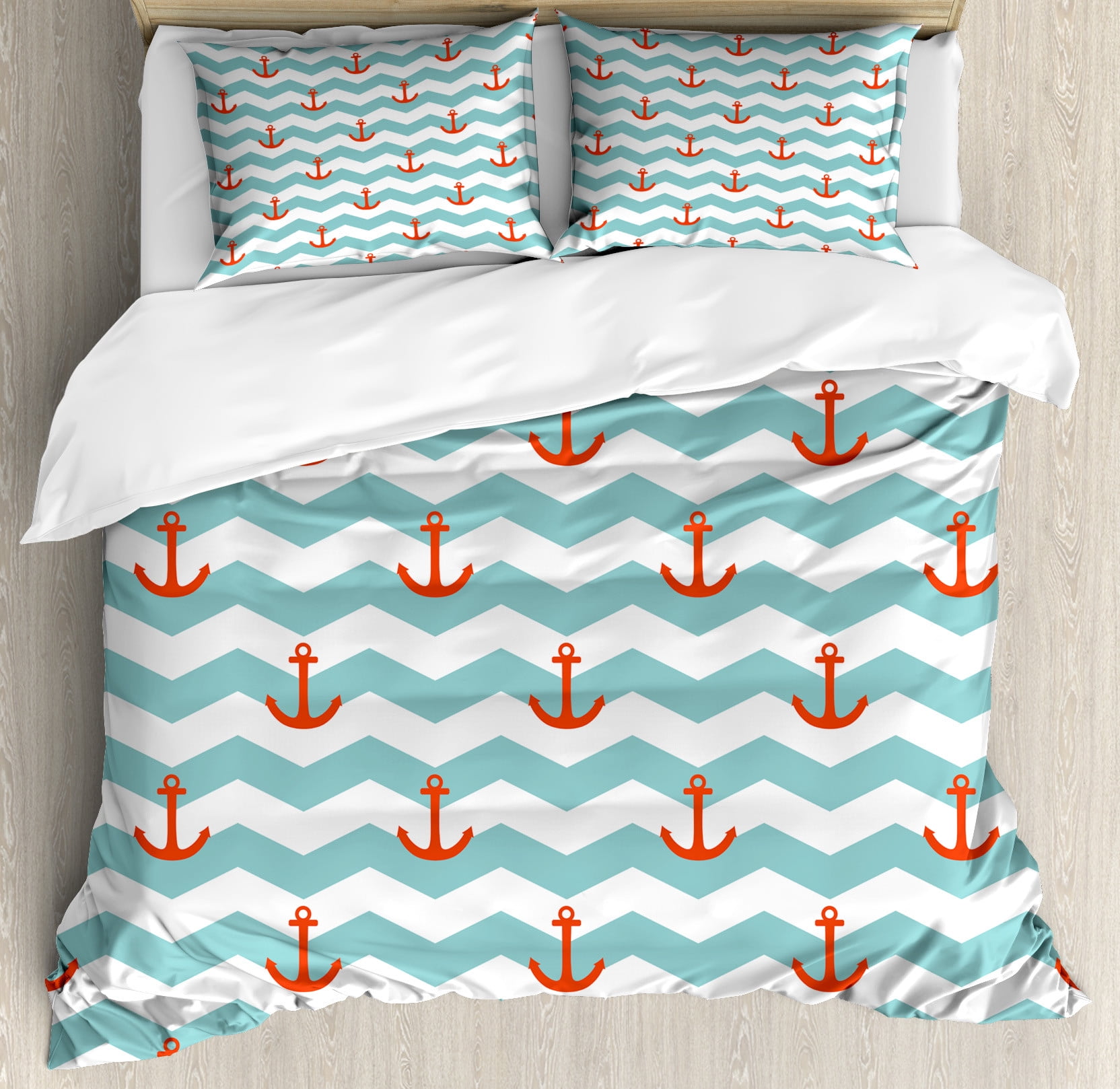 Anchor Duvet Cover Set, Simple Pattern Anchor Stripe Art Welcoming Wavy ...