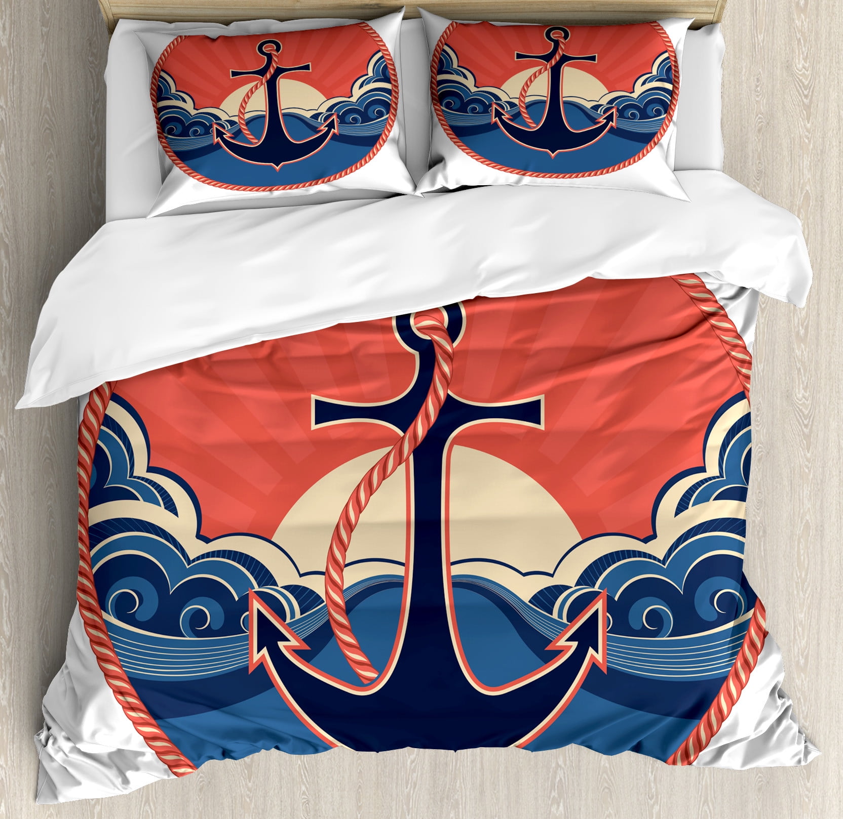 Anchor Duvet Cover Sets, Navy Emblem with and Sea Waves at Sunset ...