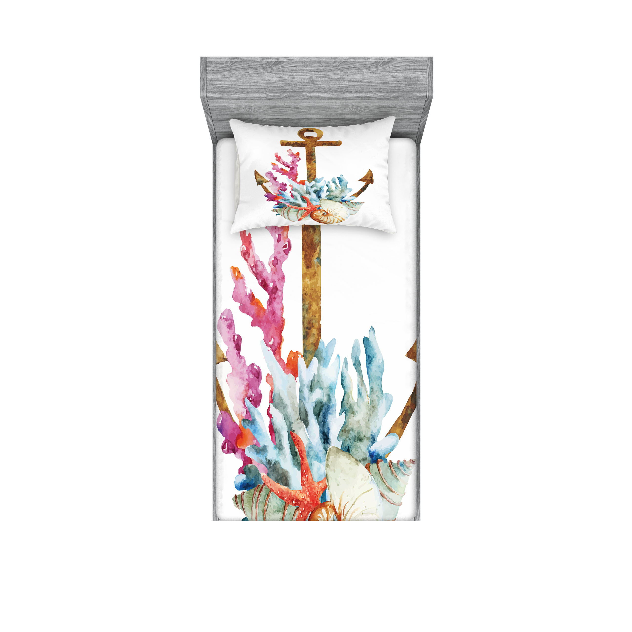 Anchor Fitted Sheet & Pillow Sham Set, Corals Seaweed Nature Deep Sea ...