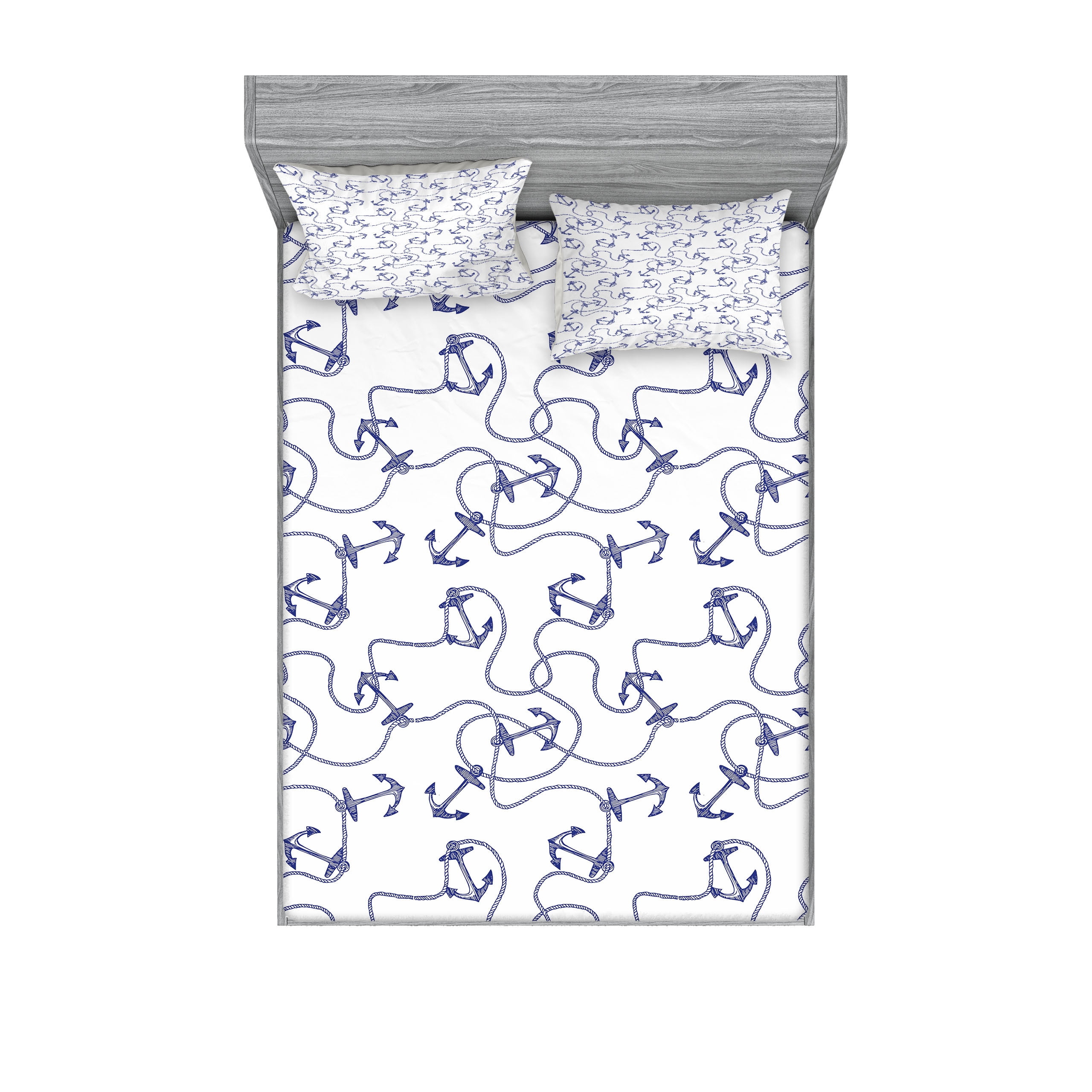 Anchor Fitted Sheet & Pillow Sham Set, Hand Drawn Anchors and Entangled ...