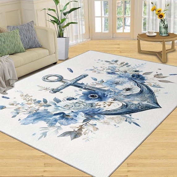 Anchor Floral Rug, Modern Minimalist Area Rugs for Bedroom, Blue Design ...
