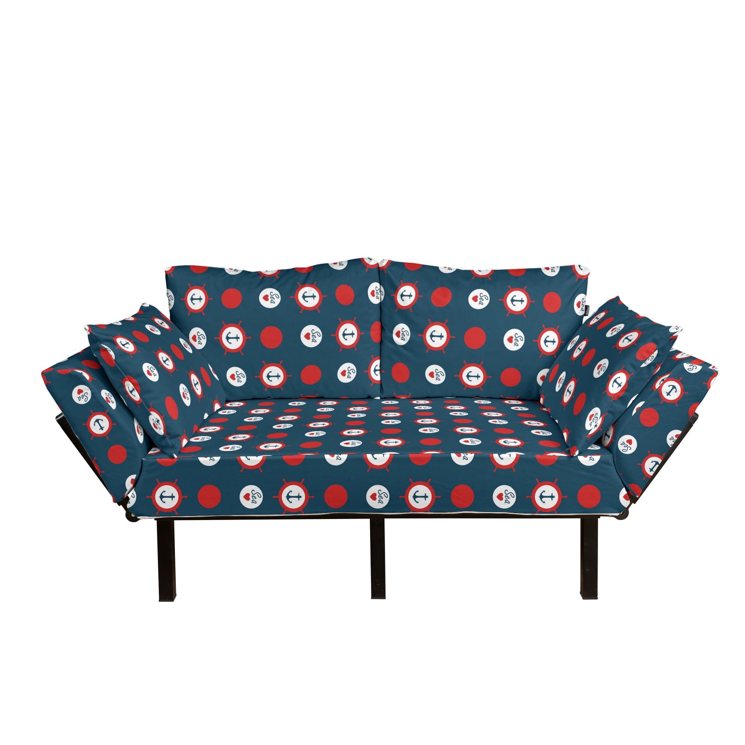 Anchor Futon Couch, Nautical Pattern with Steering Wheels Big Red Polka ...