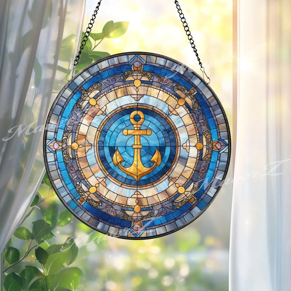 Anchor Glass Suncatcher, Round Nautical Window Hanging, Blue Gold ...