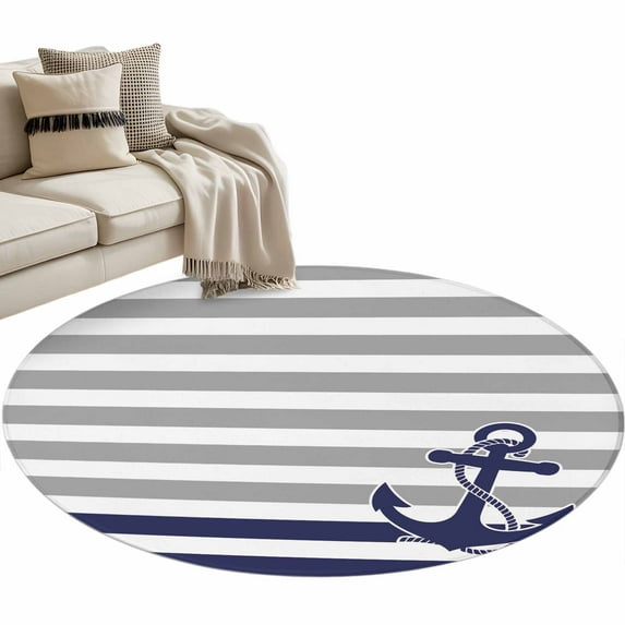 Anchor Gray 3ft Area Rug, Modern Navy Blue White Striped Nautical ...