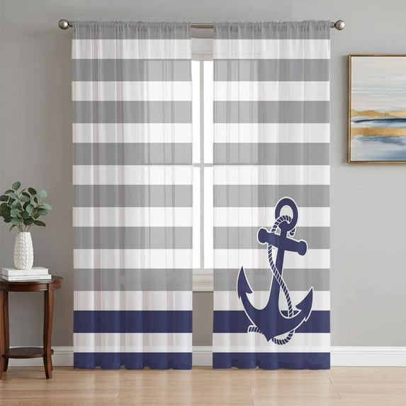 Anchor Gray Semi Sheer Curtains 108 Inch Length 2 Panels Set, Modern ...