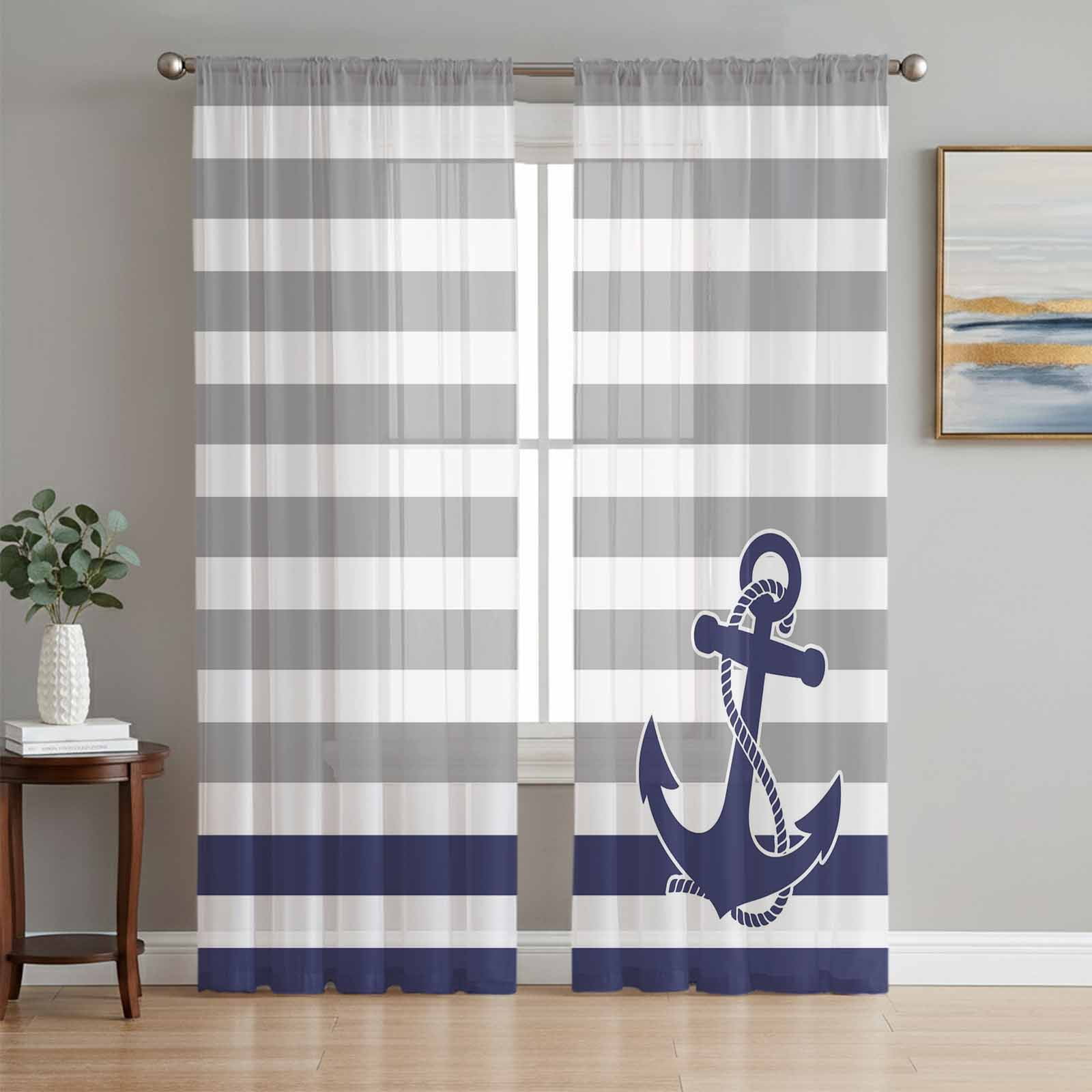 Anchor Gray Sheer Curtains 72 Inch Length 2 Panels Set, Modern Navy ...