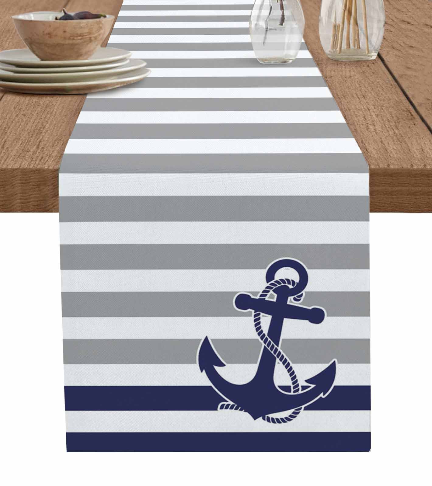Anchor Gray Table Runner 60 Inches, Modern Navy Blue White Striped ...