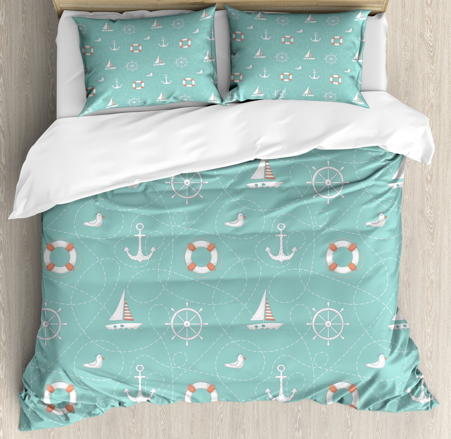 Anchor King Size Duvet Cover Set, Nautical Arrangement with Seagull ...