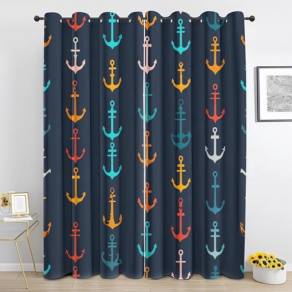 Anchor Kitchen Curtains, Nautical Theme Blackout Curtains Thermal ...