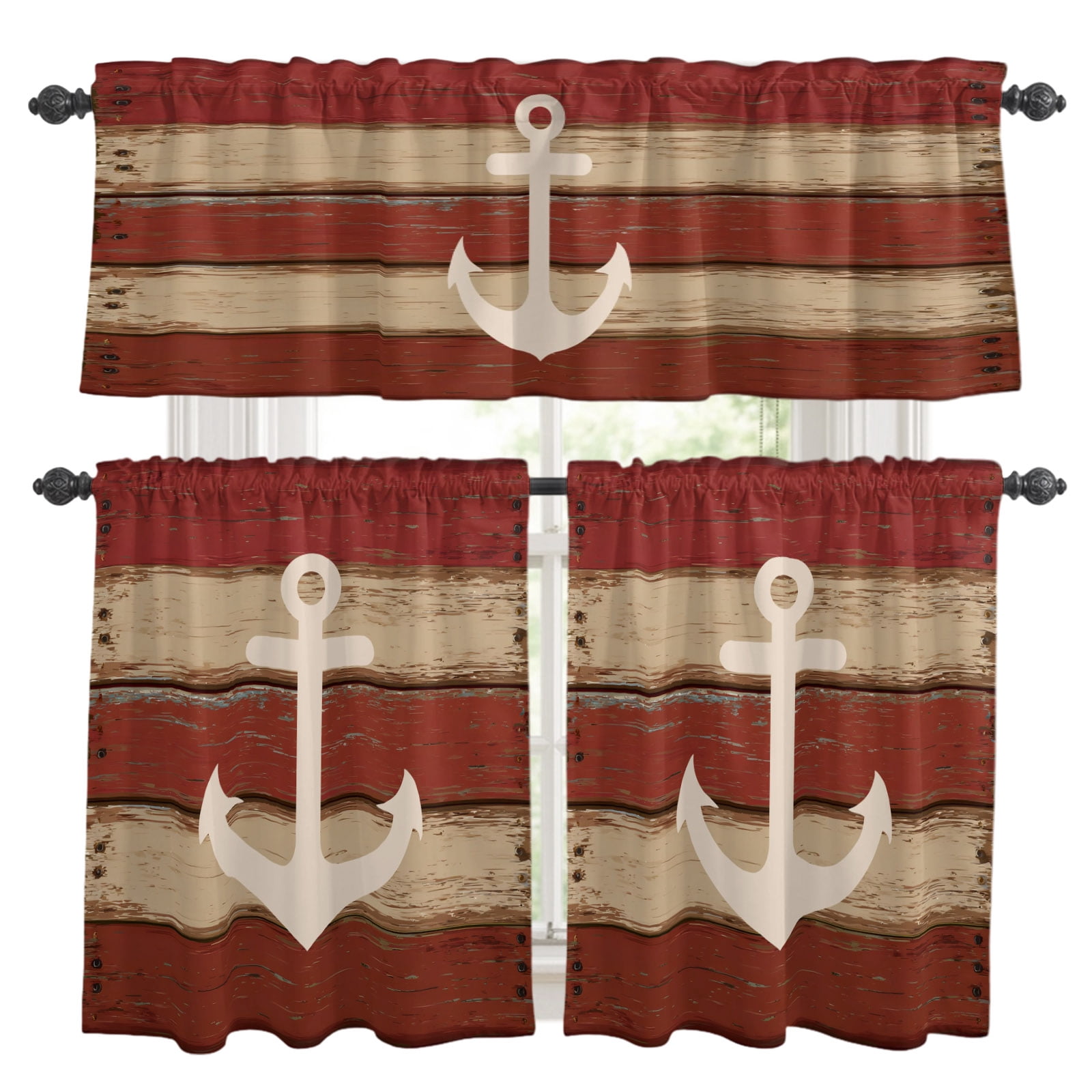 Anchor Kitchen Curtains Set for Windows, Vintage Brown Red Wood Board ...