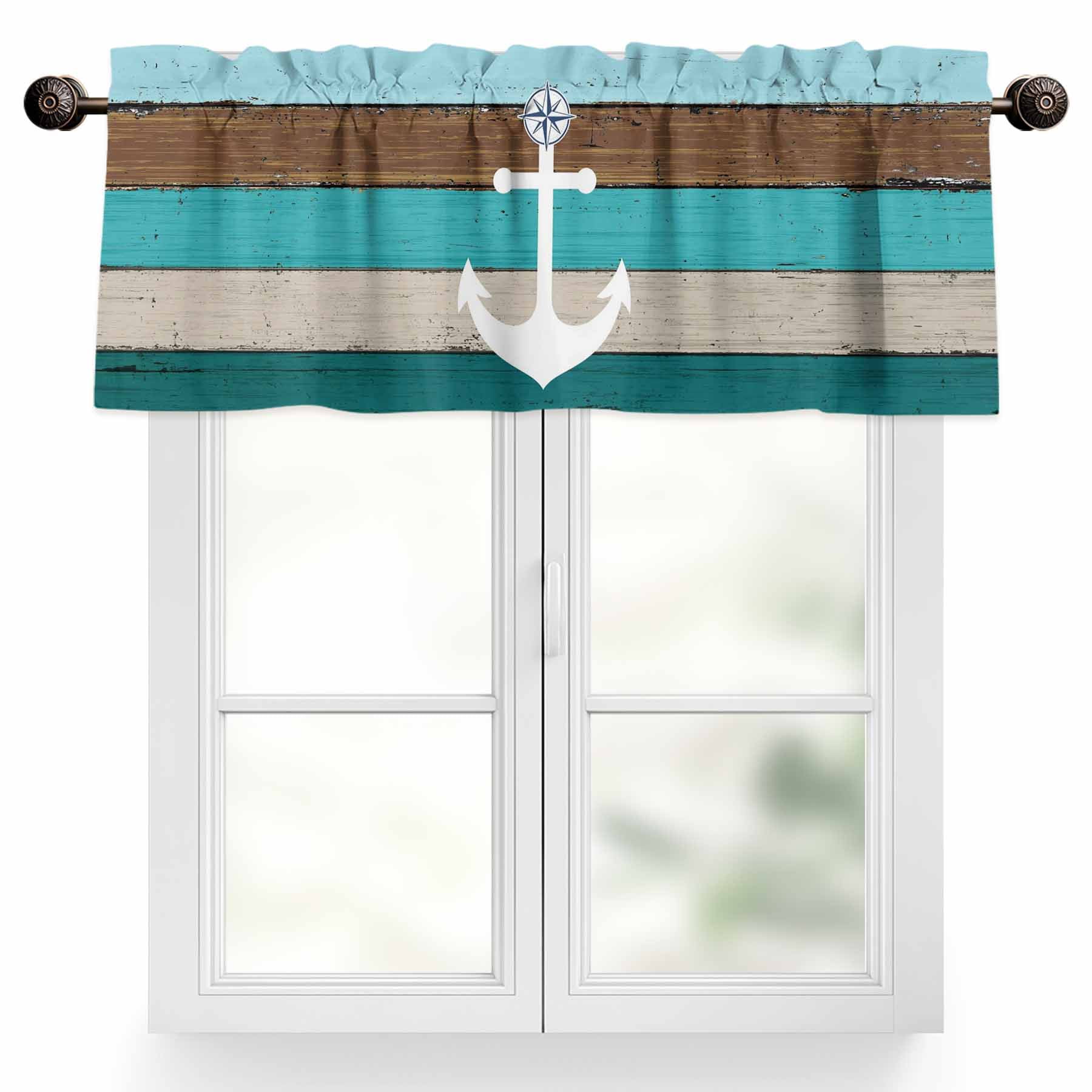 Anchor Kitchen Valances for Windows Farmhouse Teal Brown Vintage Wood ...