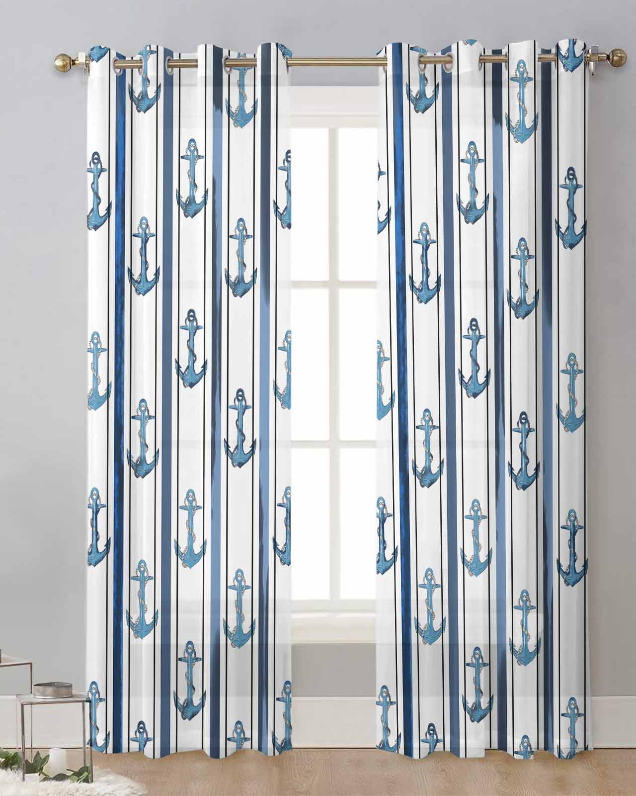 Anchor Line Rope Loop Watercolor Modern Tulle Curtains Voile Drapes ...