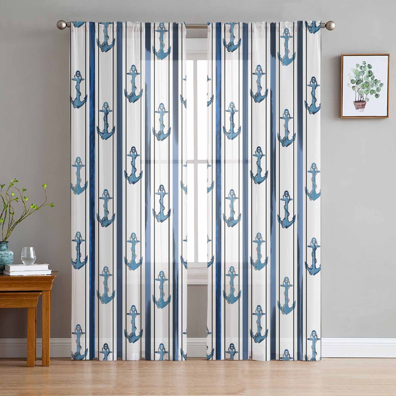 Anchor Line Rope Loop Watercolor Tulle Sheer Window Curtains for Living ...