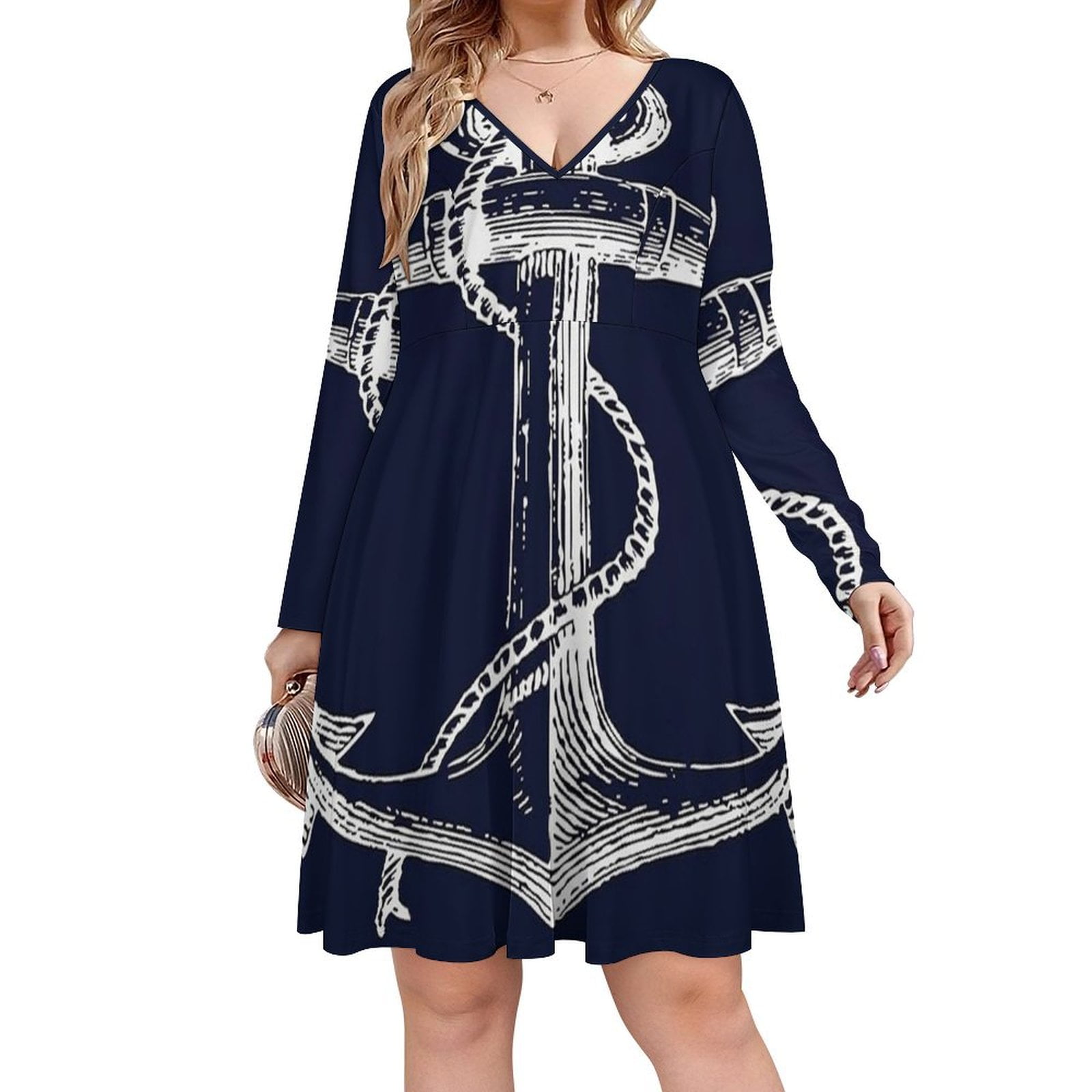 Anchor Long Sleeve Dresses For Women Vintage Elegant Party Dress Oversized V-neck Dress S-8XL ...