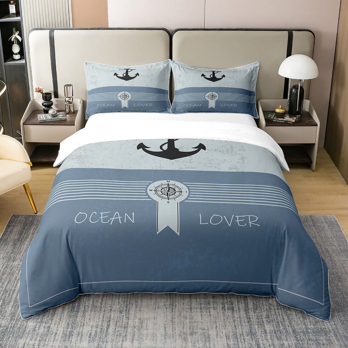 Anchor Nautical Bedding Set Retro Compass Ocean Adventure Duvet Cover ...