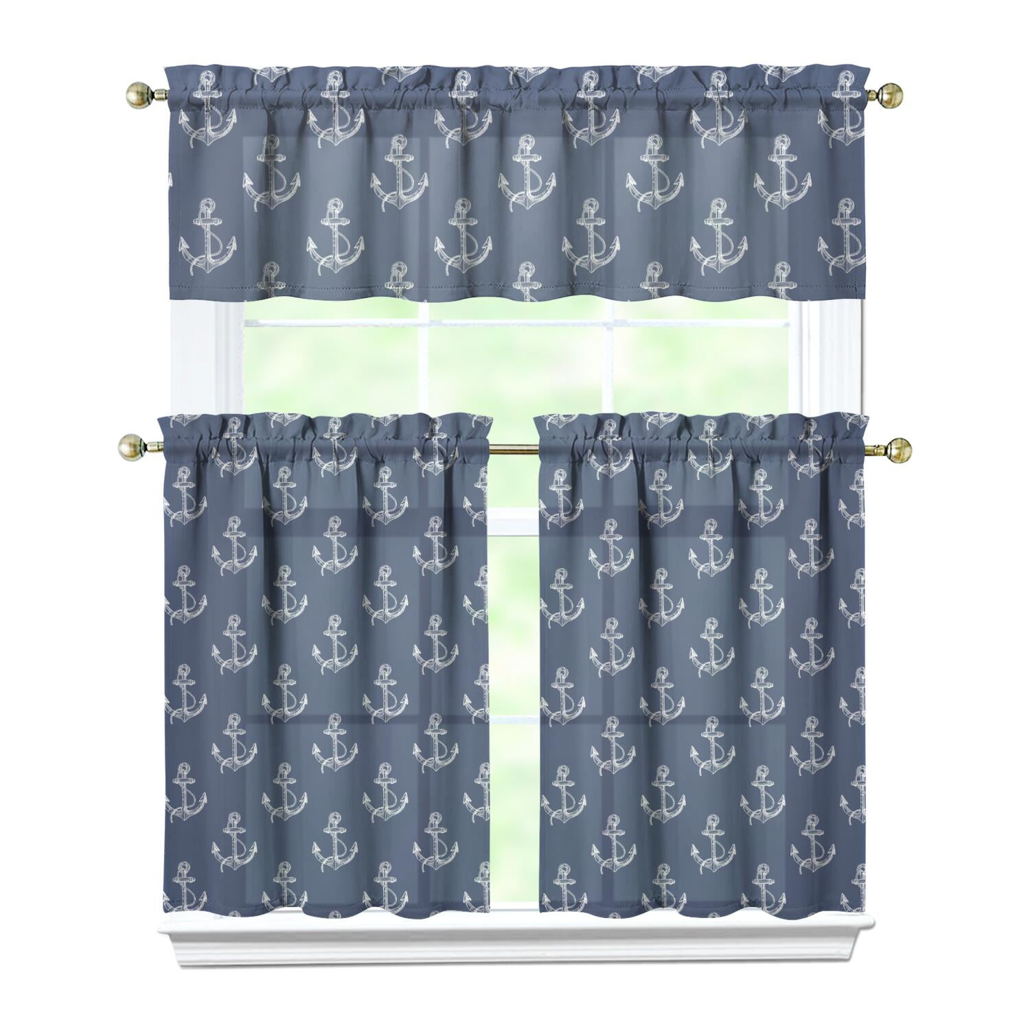 Anchor Nautical Coastal Kitchen Curtains Set Marine Lighthouse Ocean ...