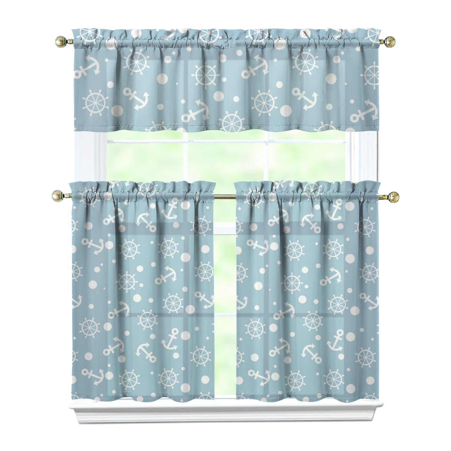 Anchor Nautical Coastal Kitchen Curtains Set Marine Lighthouse Ocean ...
