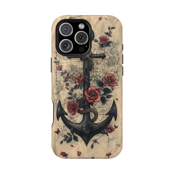 Anchor Nautical Map Flower Design Case for iPhone 17 through 11 Pro Max ...