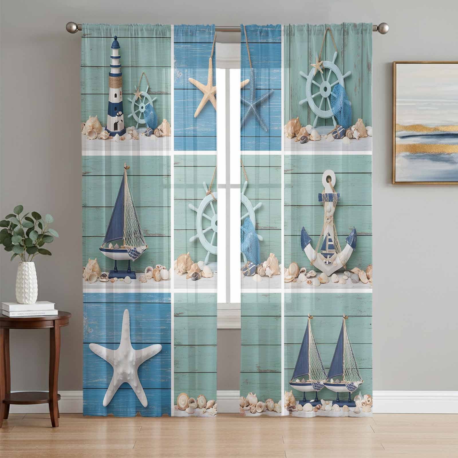 Anchor Nautical Sheer Curtains for Living Room Bedroom Wooden Starfish ...