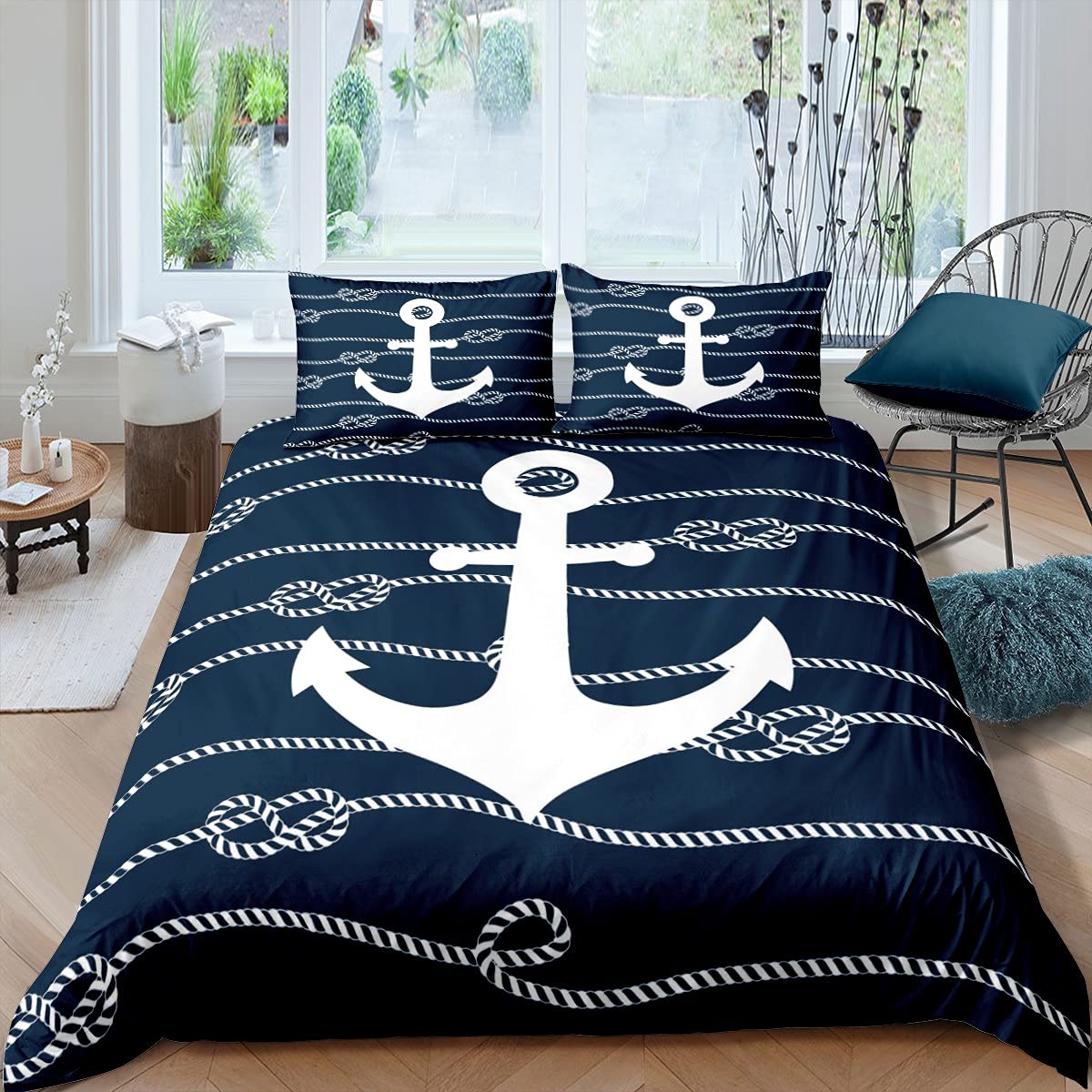 Anchor Nautical Steamboat Bedding Set Ocean Coastal Theme Blue and ...